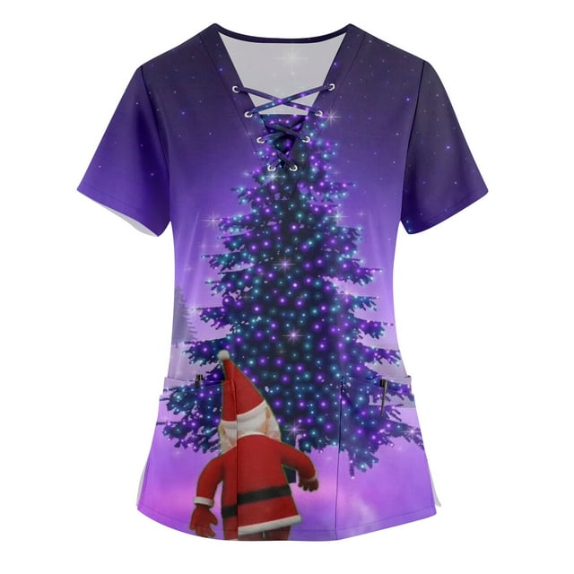 Lttvqm Christmas Womens Scrub Tops Stretch Nurse Uniforms Xmas Tree