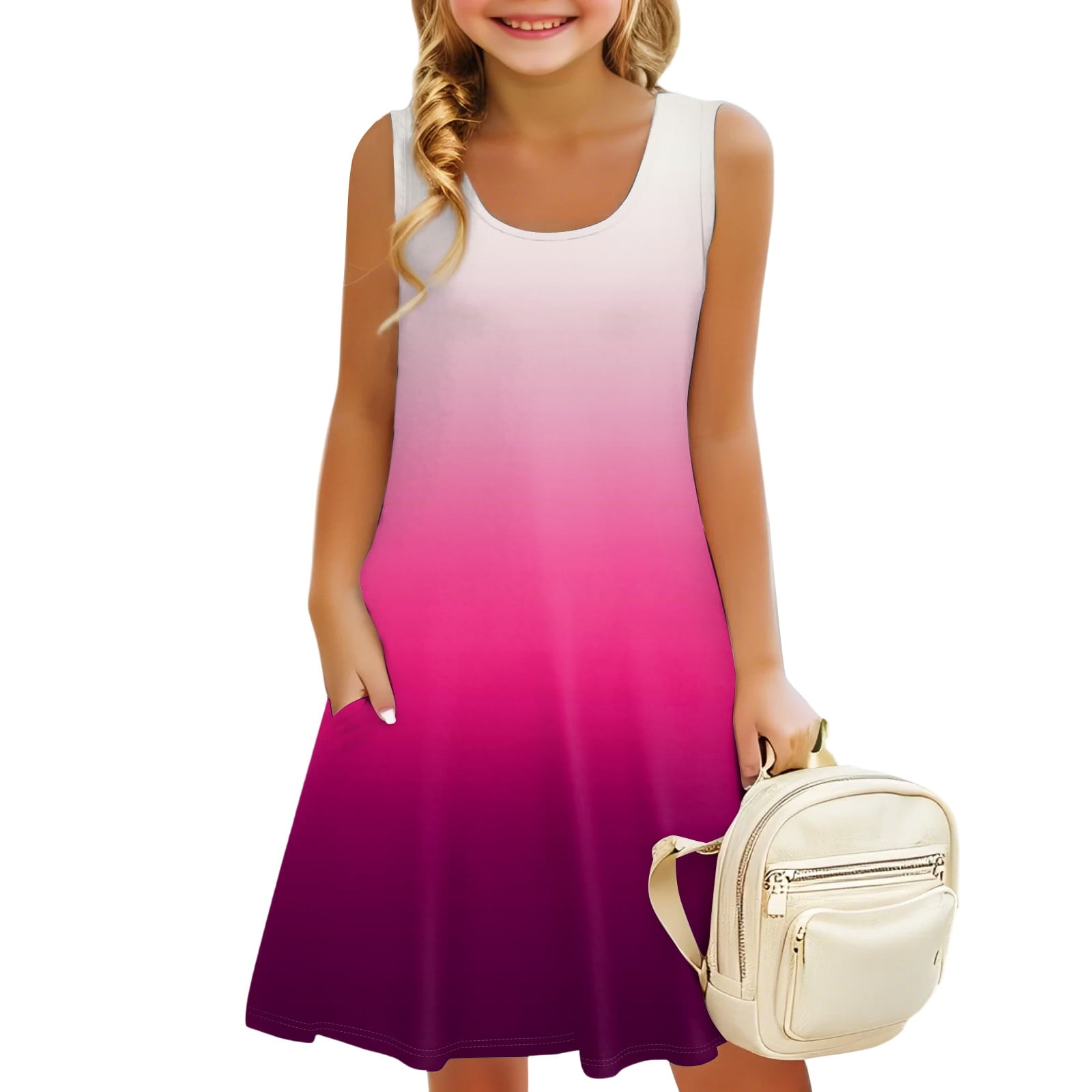 LTTVQM Girls Casual Sleeveless Sundress, Gradient Hot Pink Midi Dress ...
