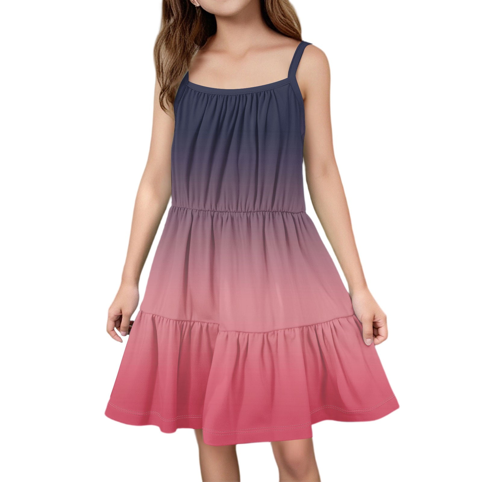 LTTVQM Girls Gradient Dresses Size 13-14 Summer Casual Sleeveless Ruffle Hem Midi Dress Cute ...