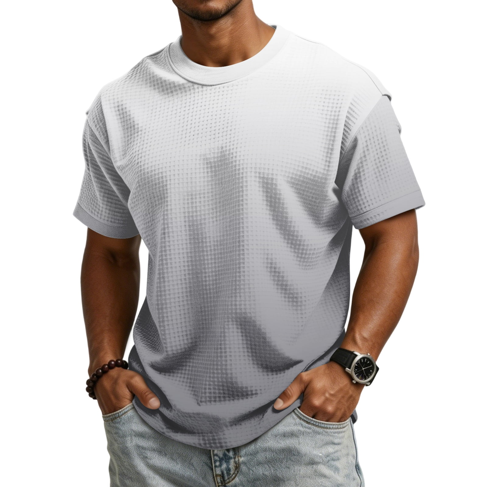 LTTVQM Mens Blouse Gradient Color Waffle Texture Crew Neck Short Sleeve ...