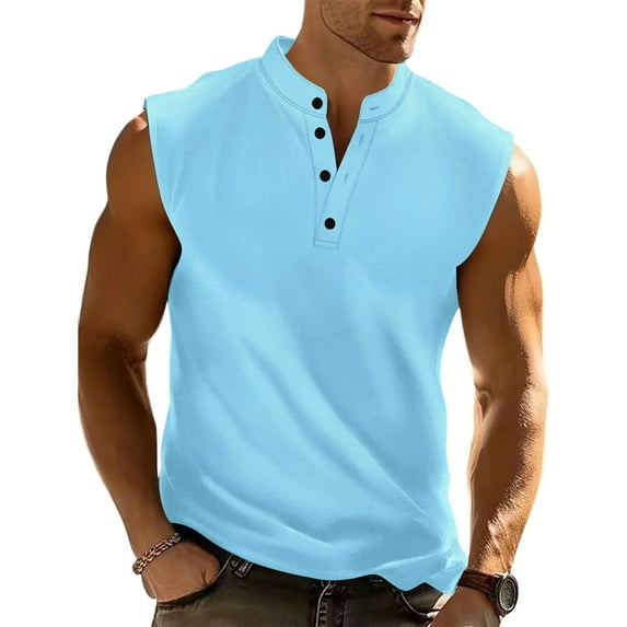 LTTVQM Mens Henley Shirts Sleeveless Spring Summer Collar Button Up ...