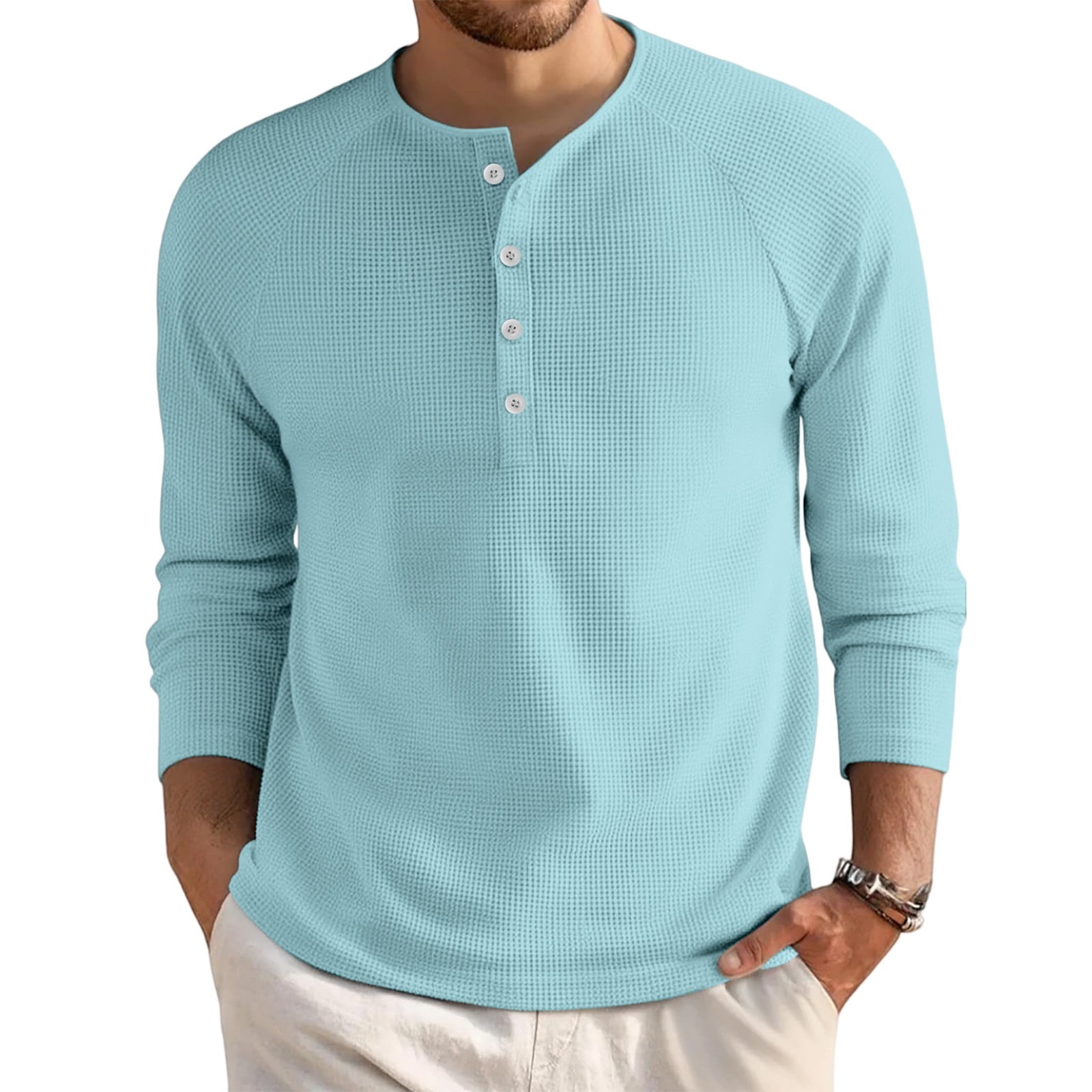 LTTVQM Waffle Henley Shirts for Men Winter Spring Long Sleeve Button T ...