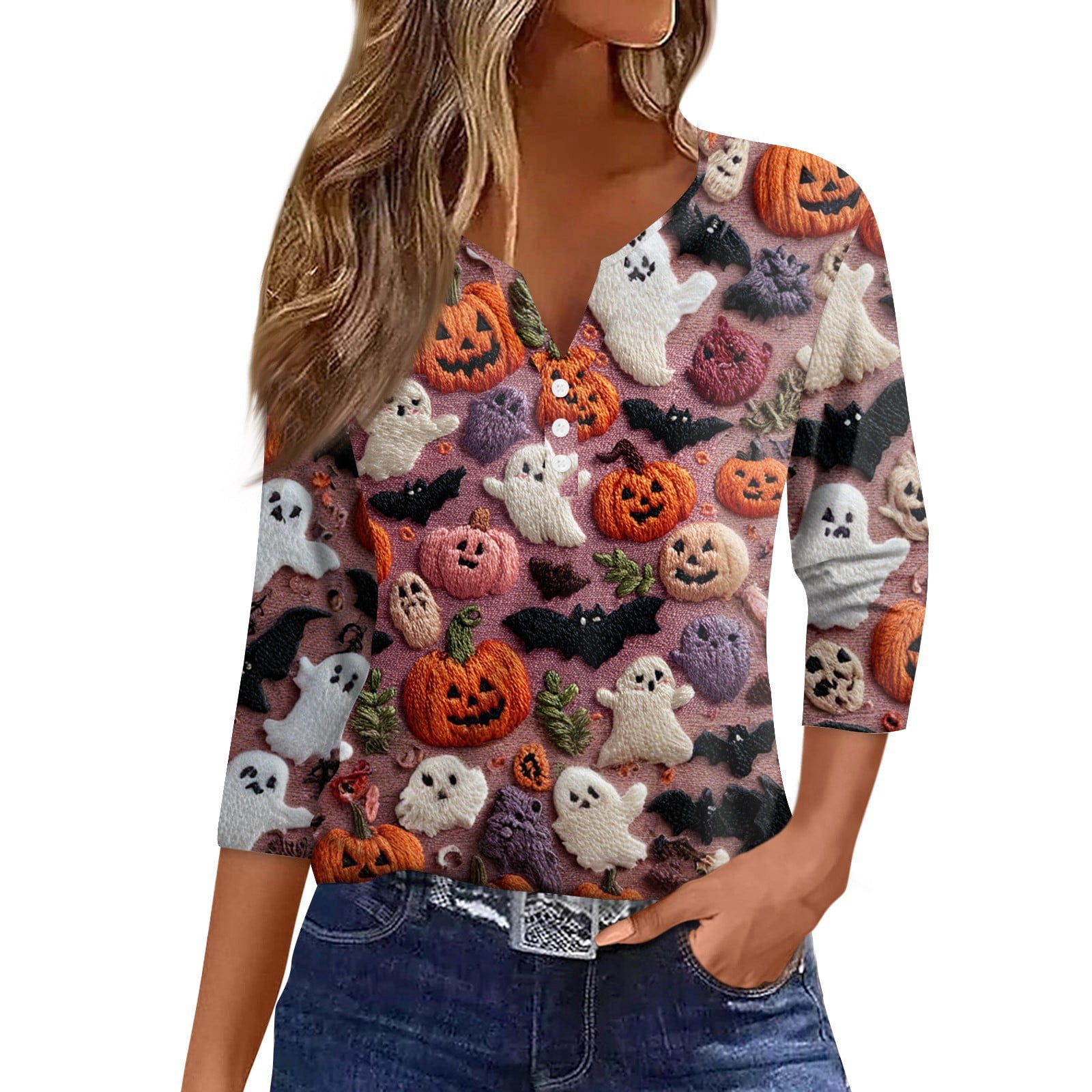 LTTVQM Women's Halloween 3/4 Sleeve Shirts Cute Pumpkin & Ghost Graphic ...