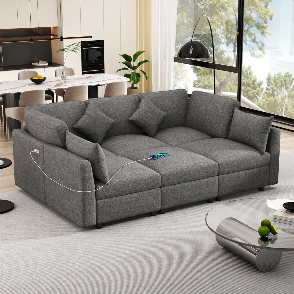 LUCKHAO 6 Seater Reversible Modular Sectional Sofa Convertible Sleeper ...
