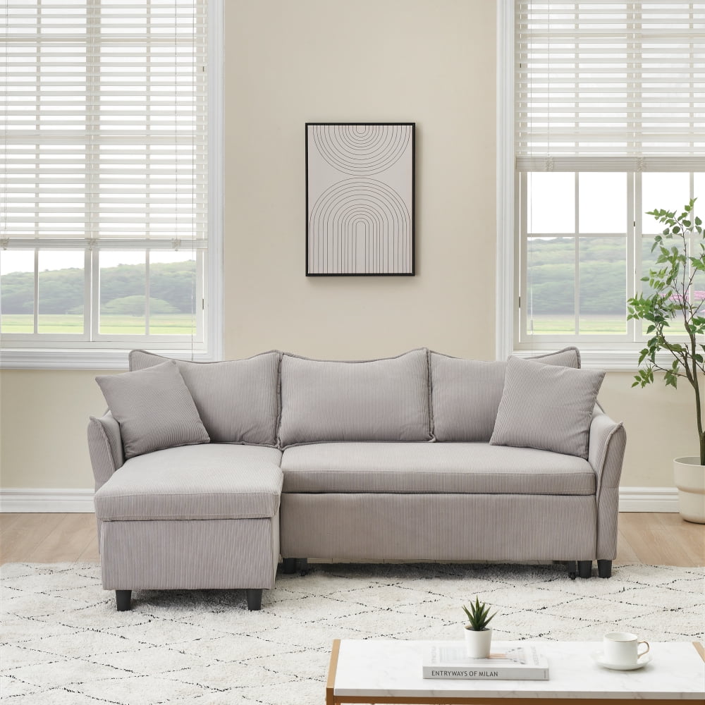 LUCKHAO 80" Corduroy L-Shaped Convertible Sectional Couches Sofa Bed ...