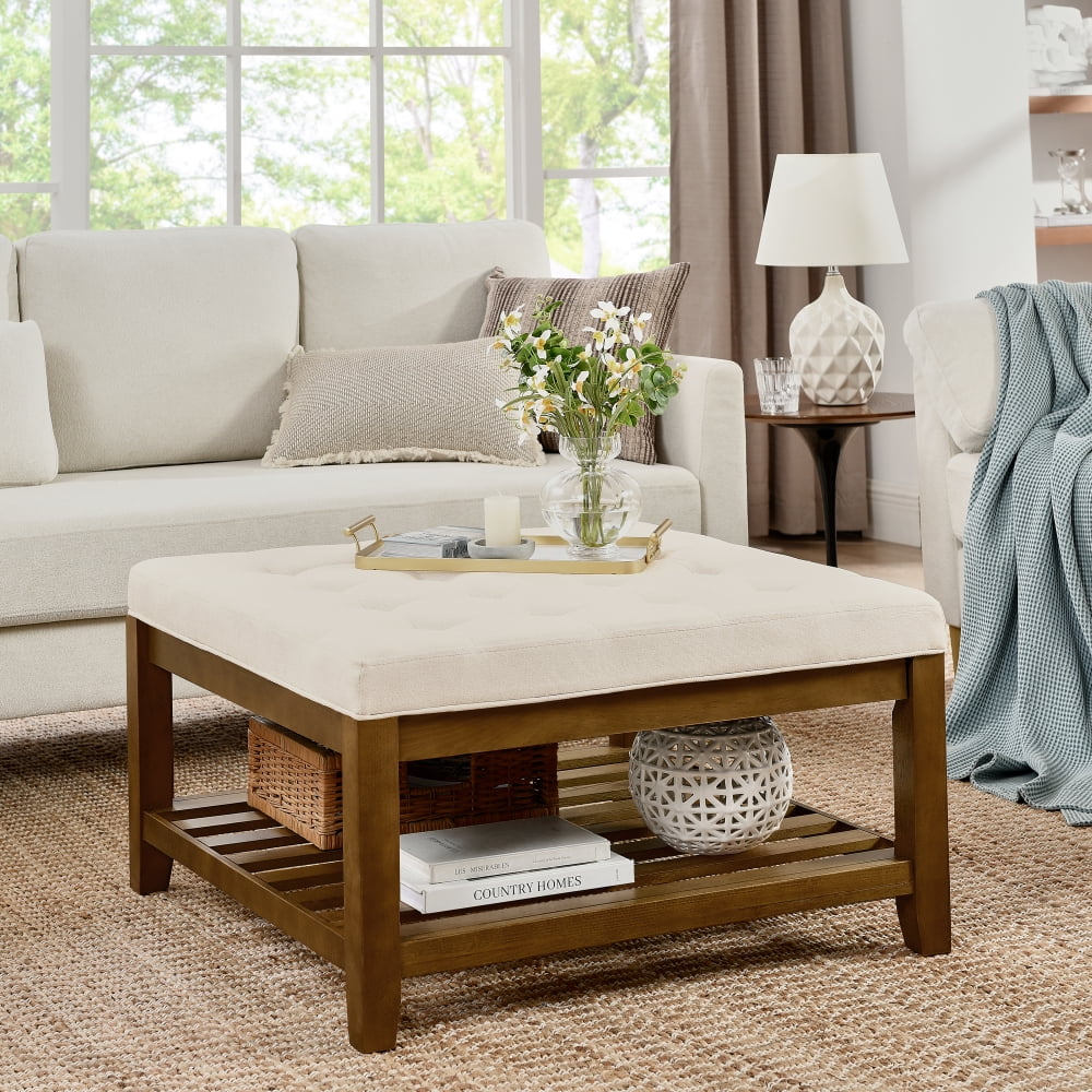 LUCKHAO Large Square Upholstered Tufted Linen Ottoman Coffee Table ...