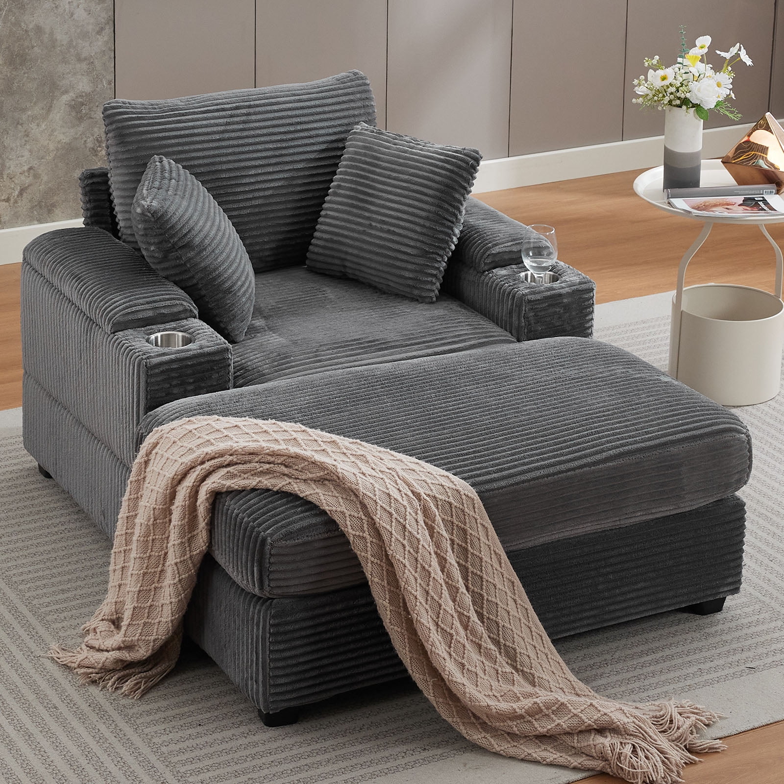 LUCKHAO Oversized Chaise Lounge Indoor with Movable Ottoman and ...