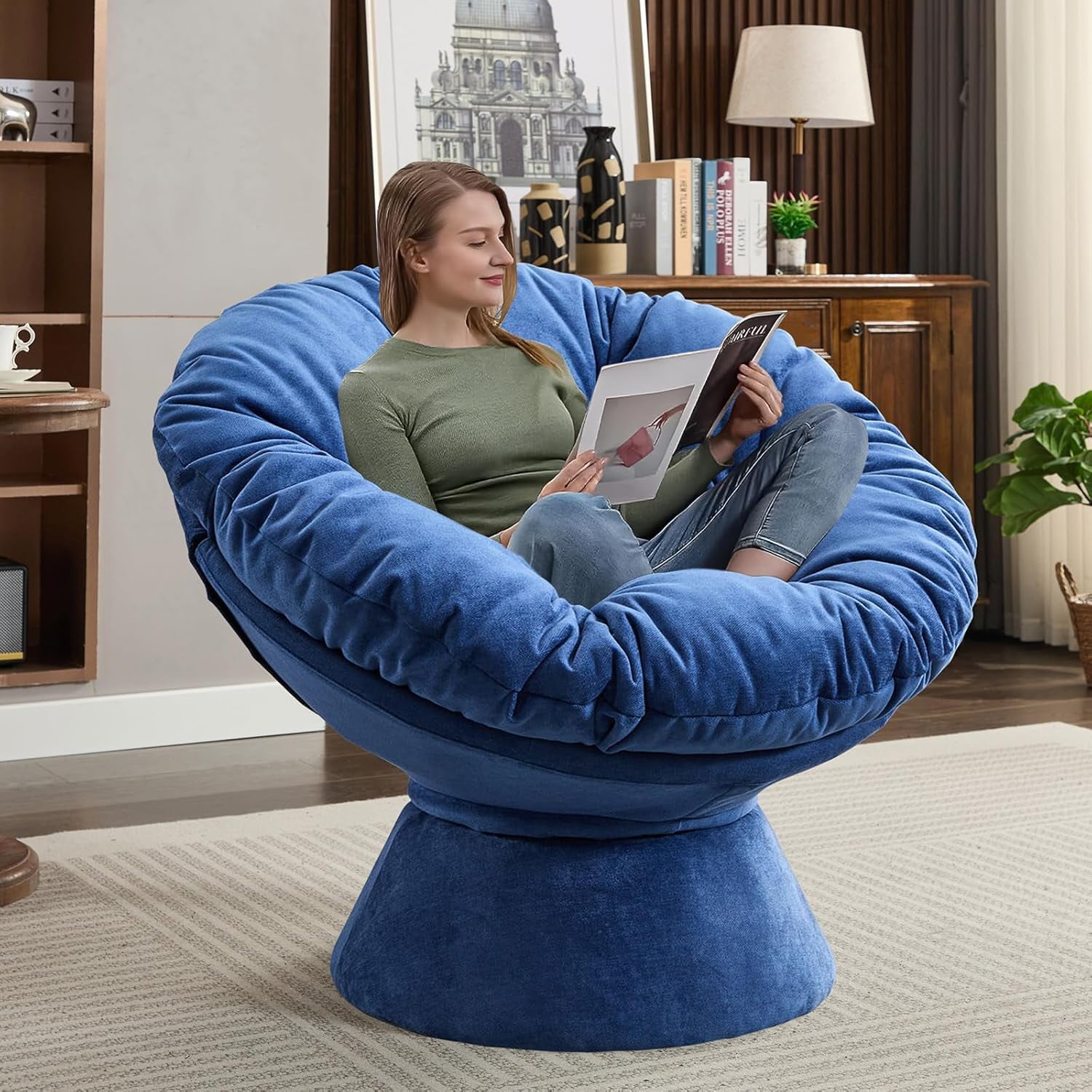 LUCKHAO Oversized Swivel Accent Chair, Papasan Chair, 360 Swivel Barrel ...