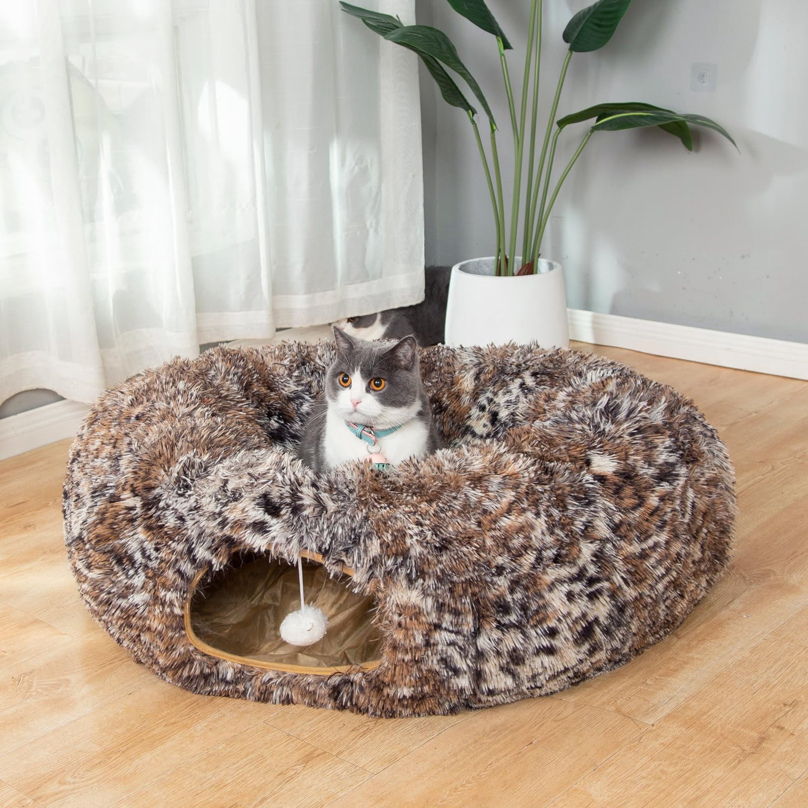 LUCKITTY Warm Fluffy Plush Cat Dog Tunnel Bed with Washable Cushion ...