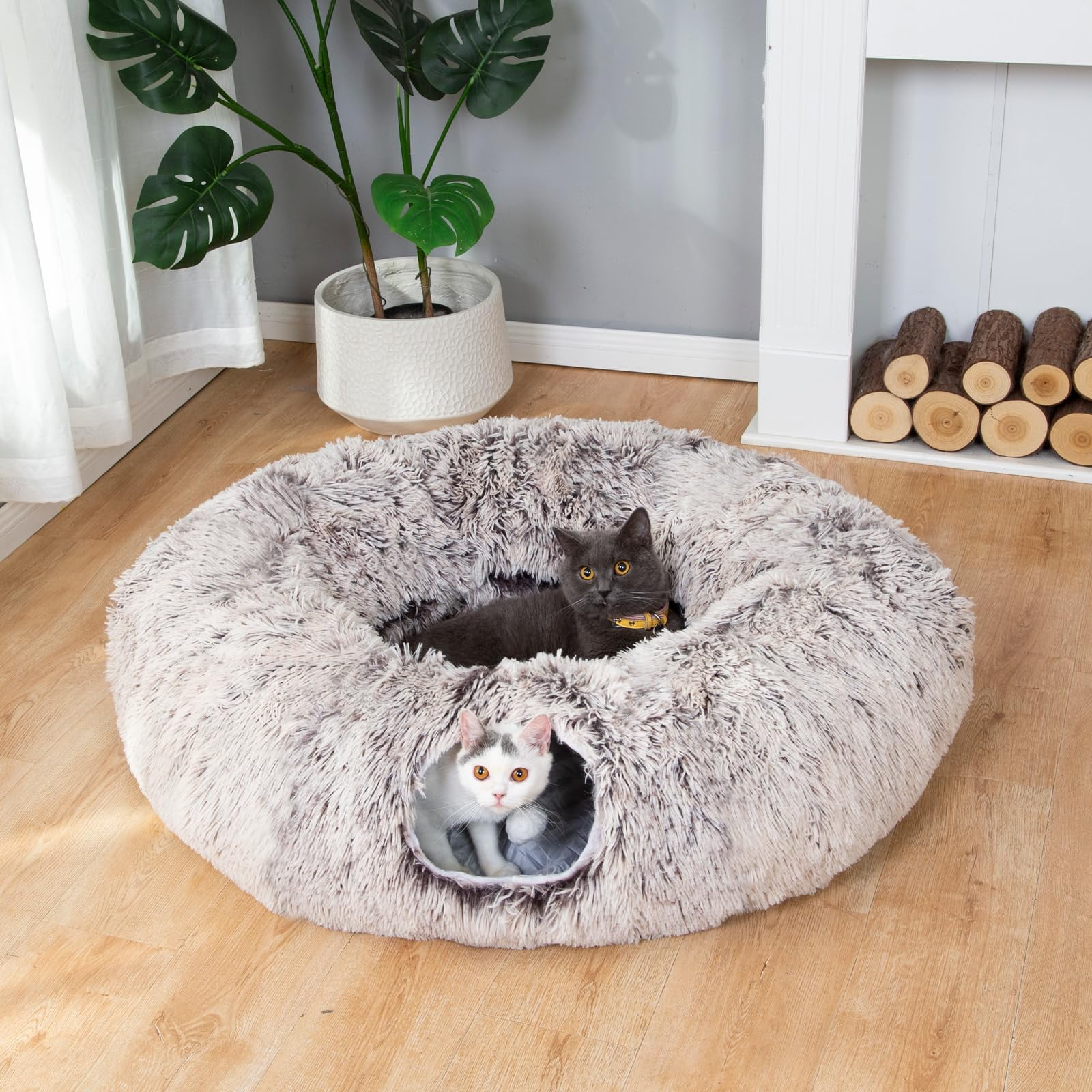LUCKITTY Warm Fluffy Plush Cat Dog Tunnel Bed with Washable Cushion-Big ...