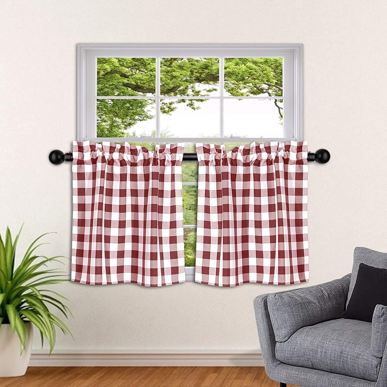 LUCKUP Buffalo Plaid Farmhouse Kitchen Curtains - Light Filtering, Rod ...