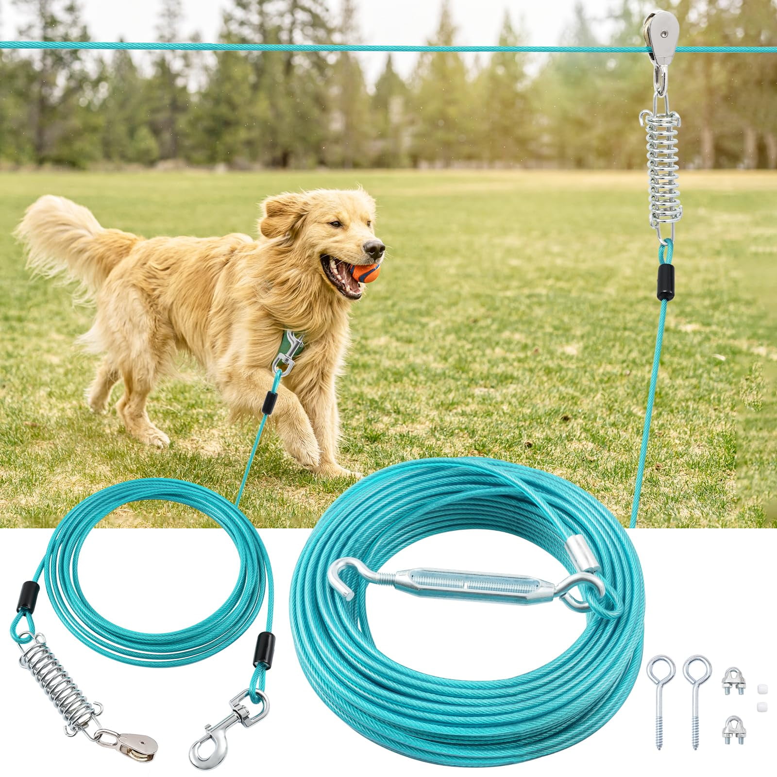 LUCKWELL Dog Runner and Tie Out AIS1 System, 50FT + 15FT Pulley Cable ...