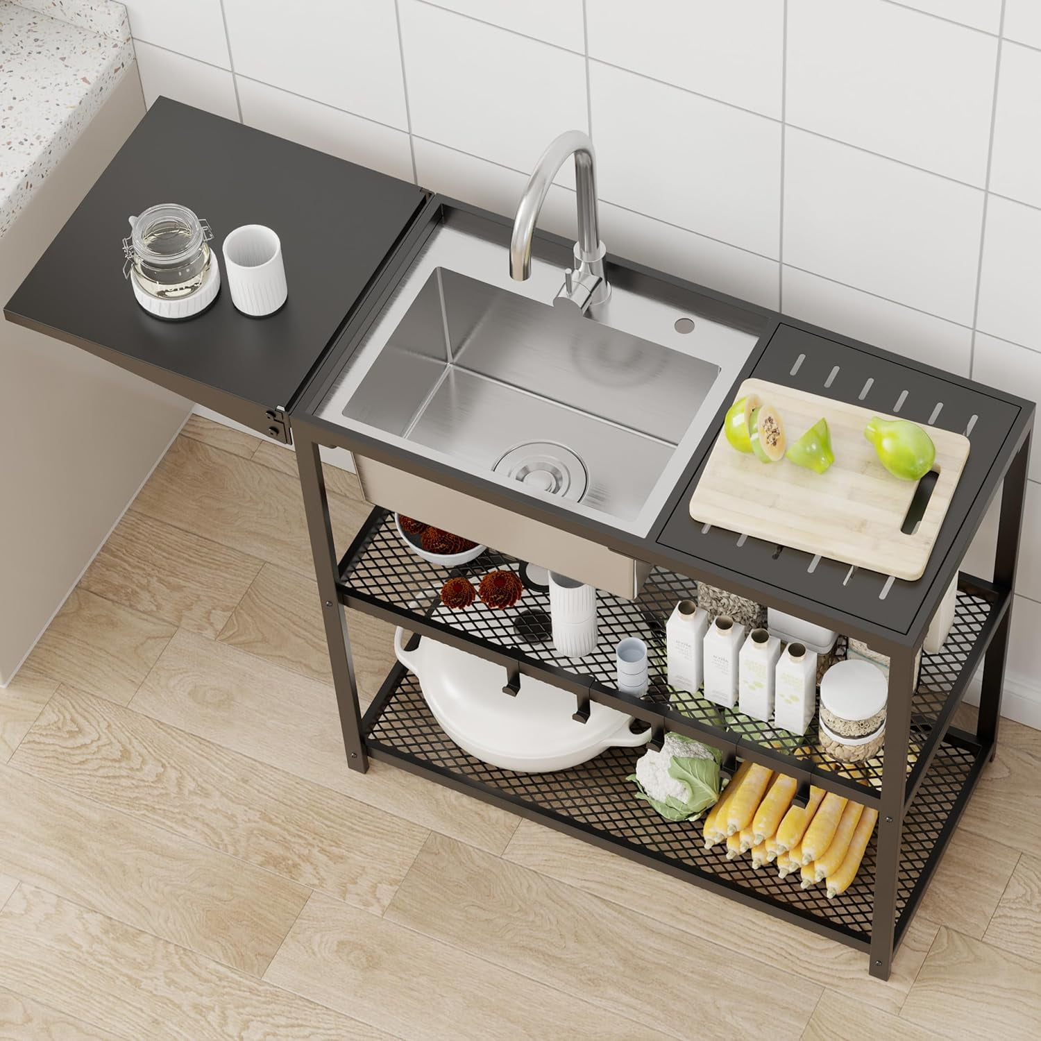 LUCKWIND 47" Freestanding Kitchen Utility Sink with Stainless Steel ...