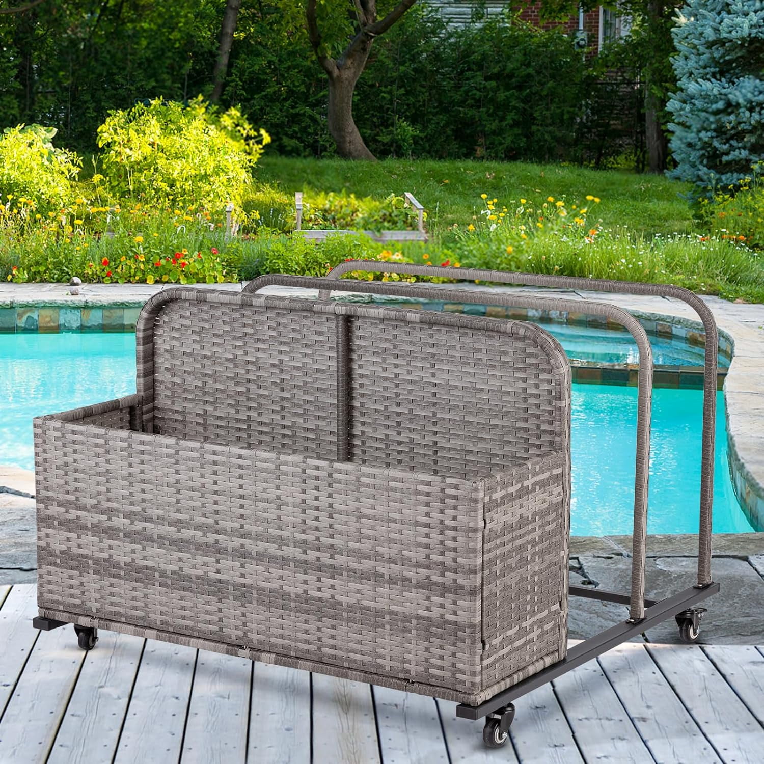 LUCKWIND Poolside Float Storage Organizer, Outdoor Rattan Caddy with ...