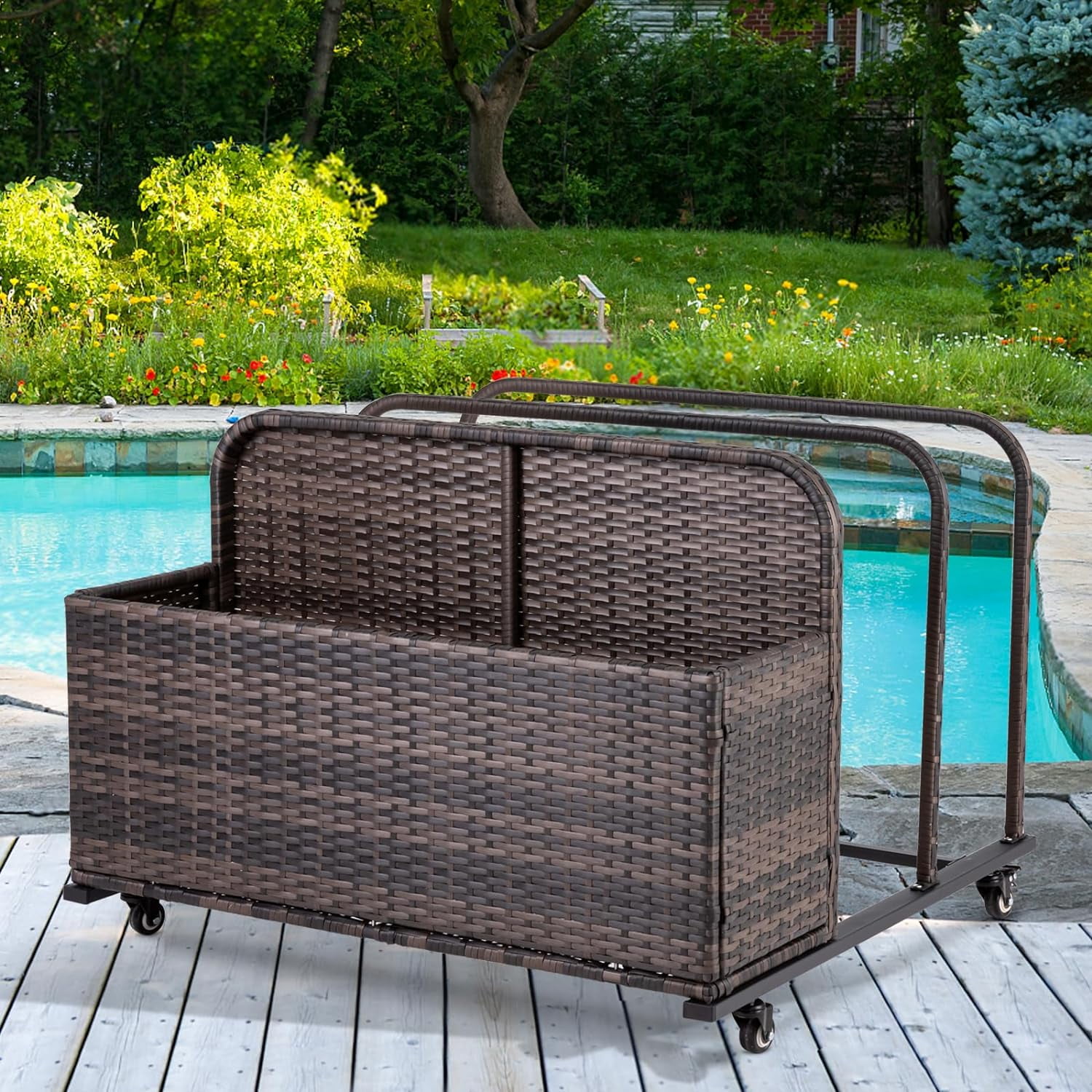 LUCKWIND Poolside Float Storage Organizer, Outdoor Rattan Pool Caddy ...
