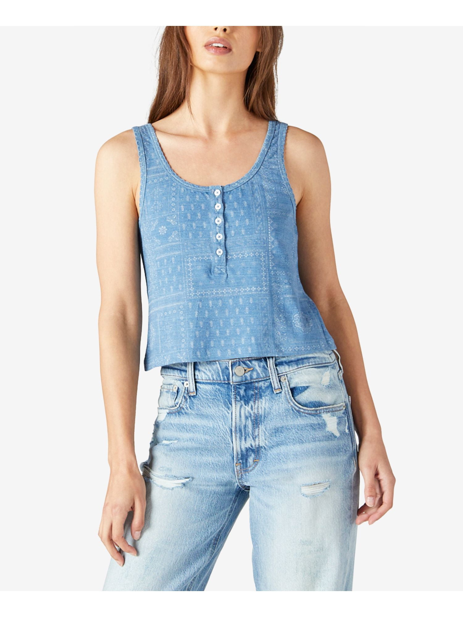 LUCKY BRAND Womens Blue Short Length Boy Tank Button Placket Printed ...