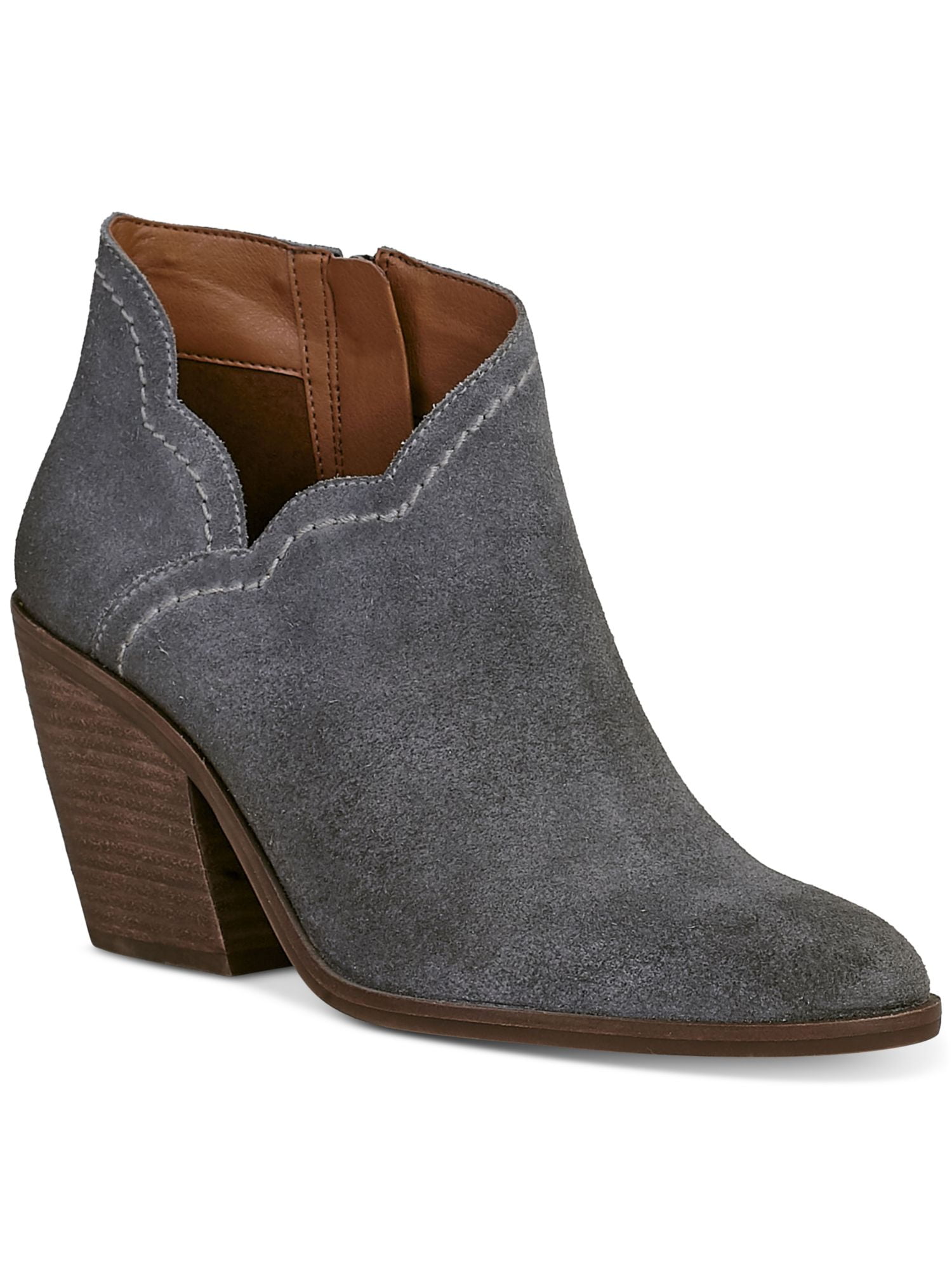 LUCKY BRAND Womens Gray V-Notch Scalloped Lakelyy Almond Toe Stacked ...