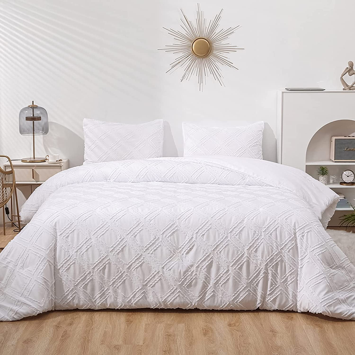 LUCKYBULL Full Size Comforter Set, 3 Pieces, Tufted Jacquard, Diamond ...