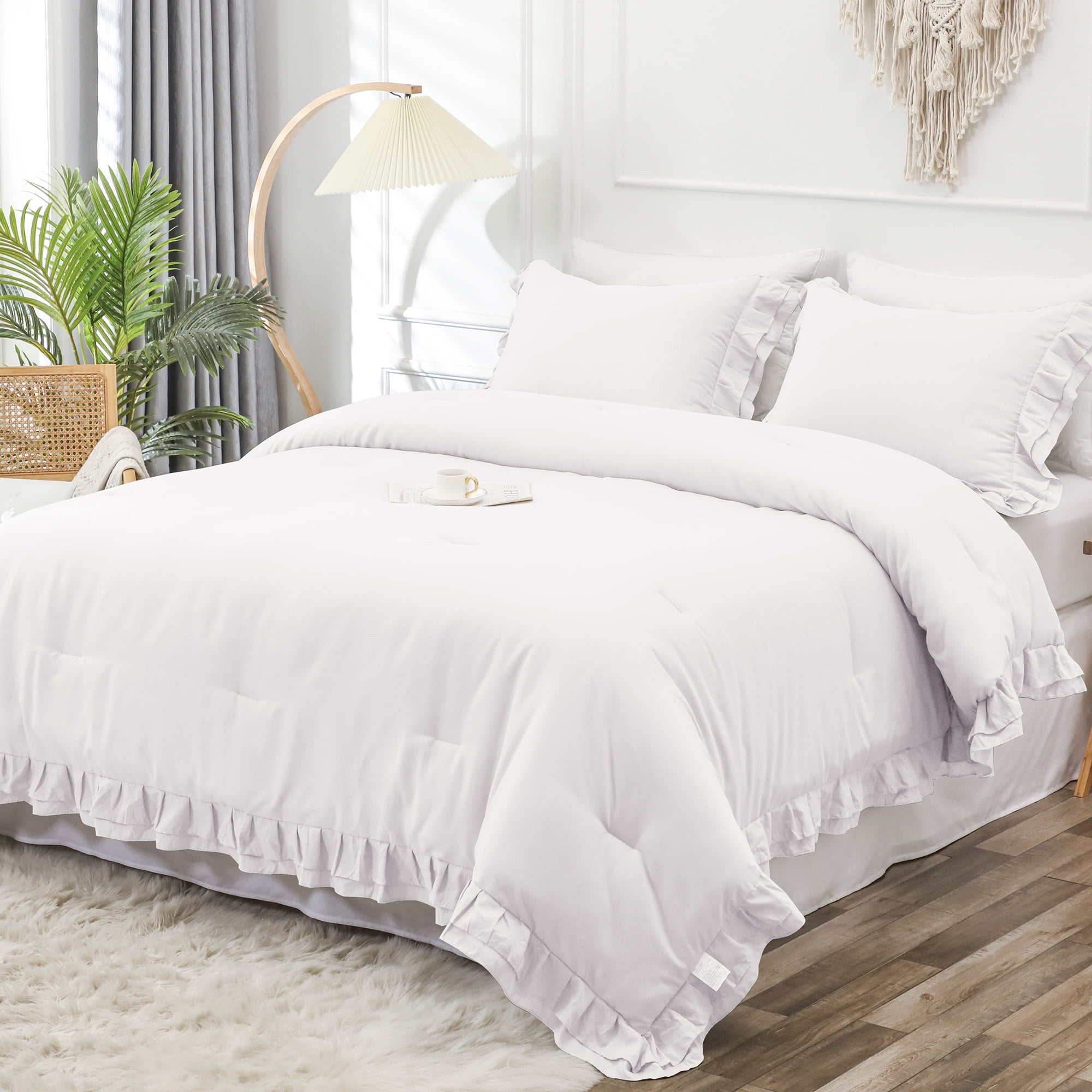 Luckybull White Double Ruffle Comforter Set Queen Size 90x90 Inch 3