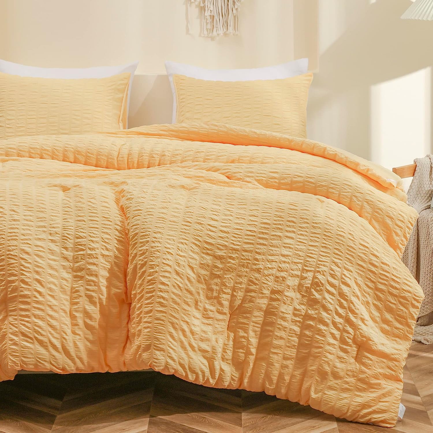Luckybull 3-Pieces Seersucker Yellow Comforter Bedding Sets, Queen ...