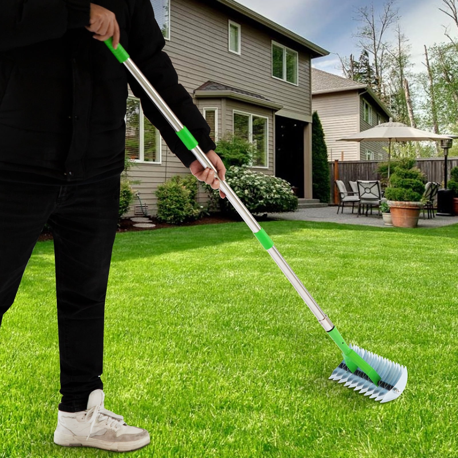 LUCKYERMORE 53 Inch Long Heavy Duty Metal Thatch Rake with Adjustable ...