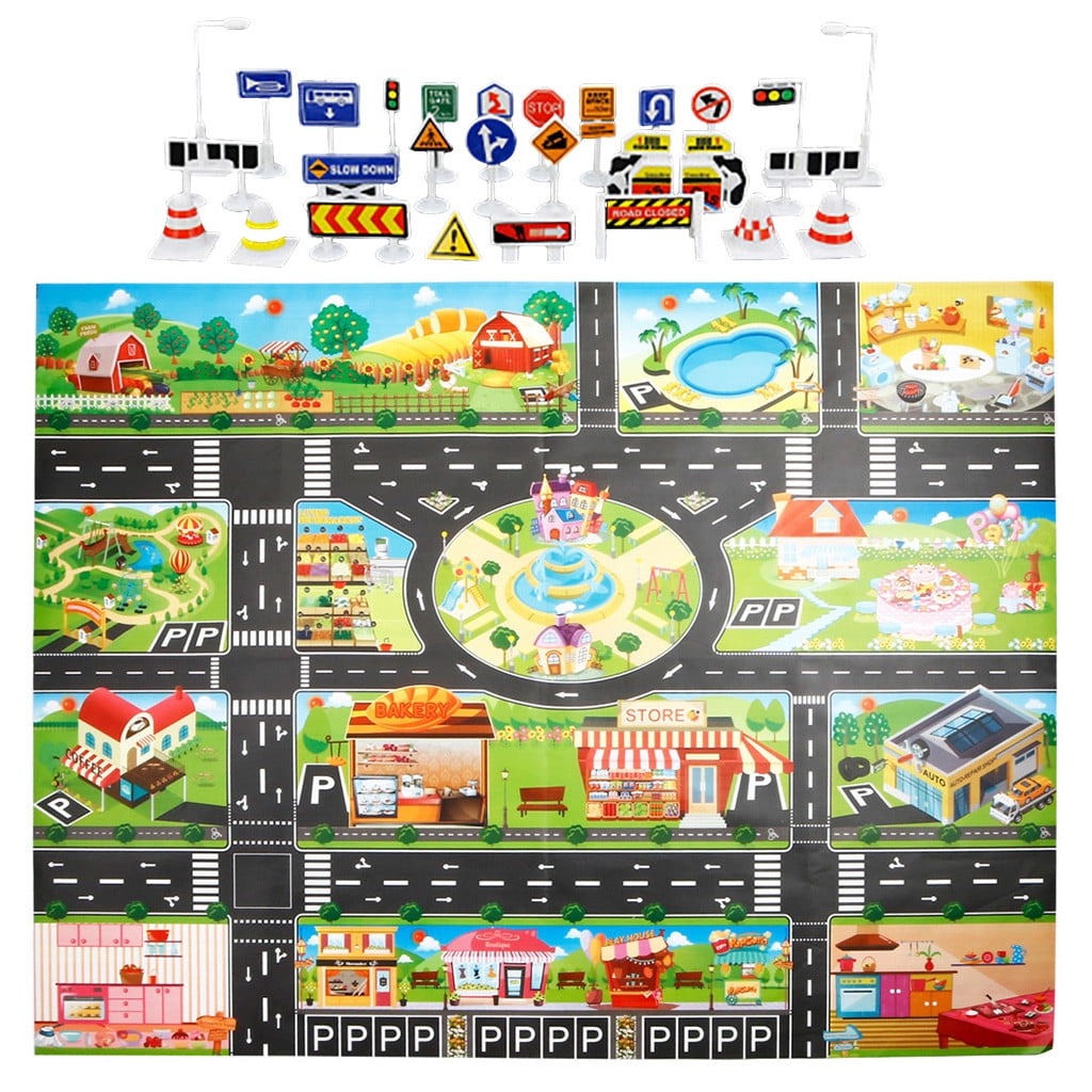 LUCKYLIFETT Kids Play Mat City Road Buildings Parking Map Game Scene ...