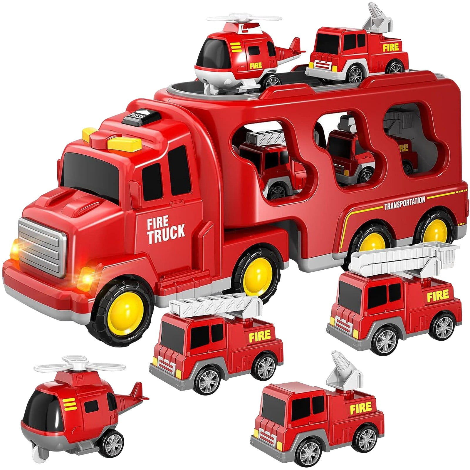 LUCKYXTT Fire Truck Toy Set for Kids Includes Large Transporter, Mini ...
