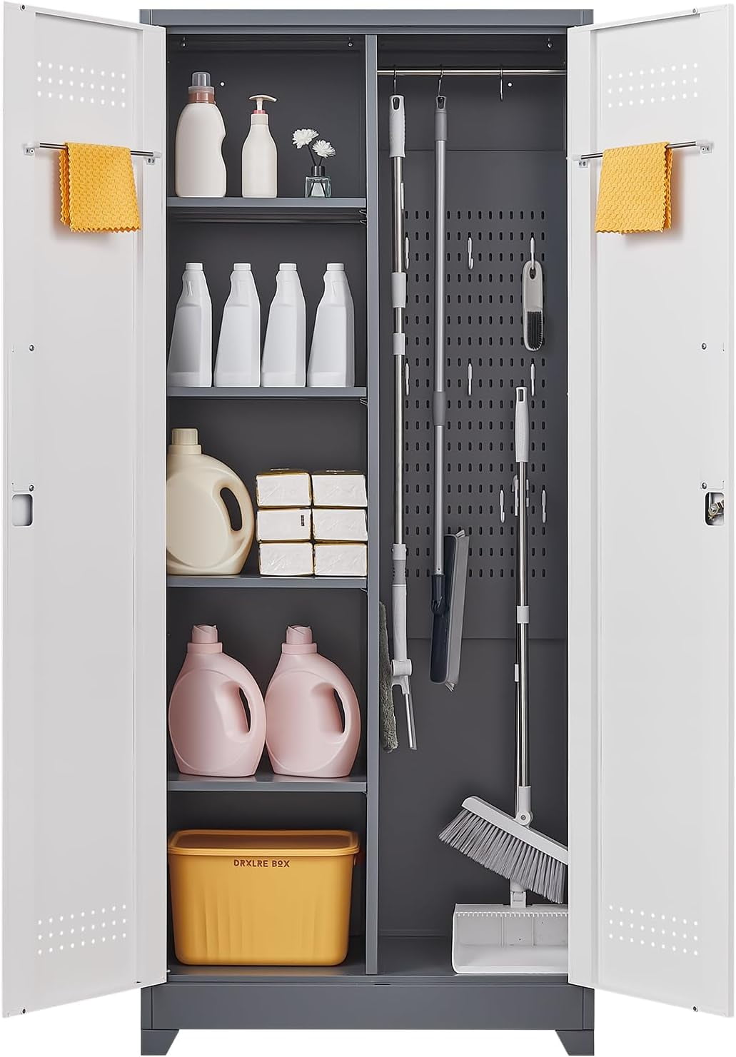 LUCYPAL Broom Storage Cabinet with Locking Doors and Shelves,Broom ...