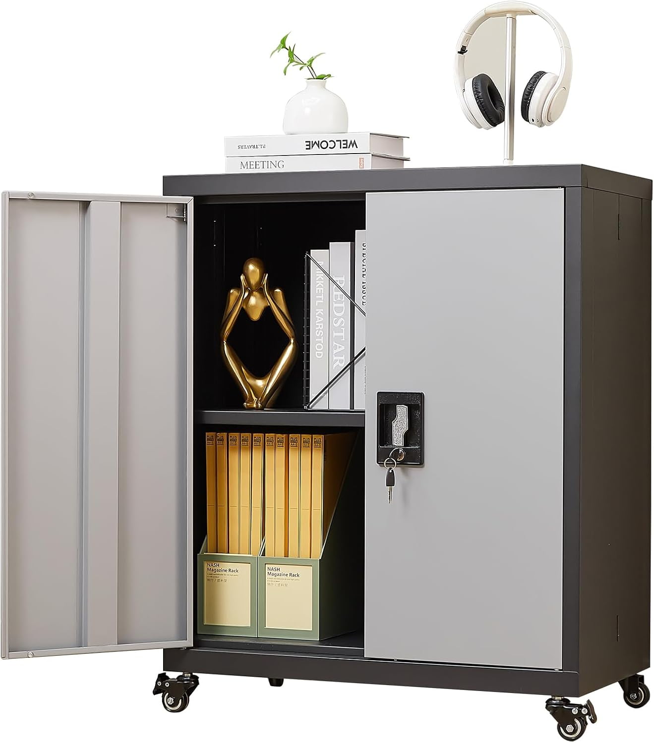 LUCYPAL Metal Storage Cabinet with Wheels,Lockable Garage Storage ...