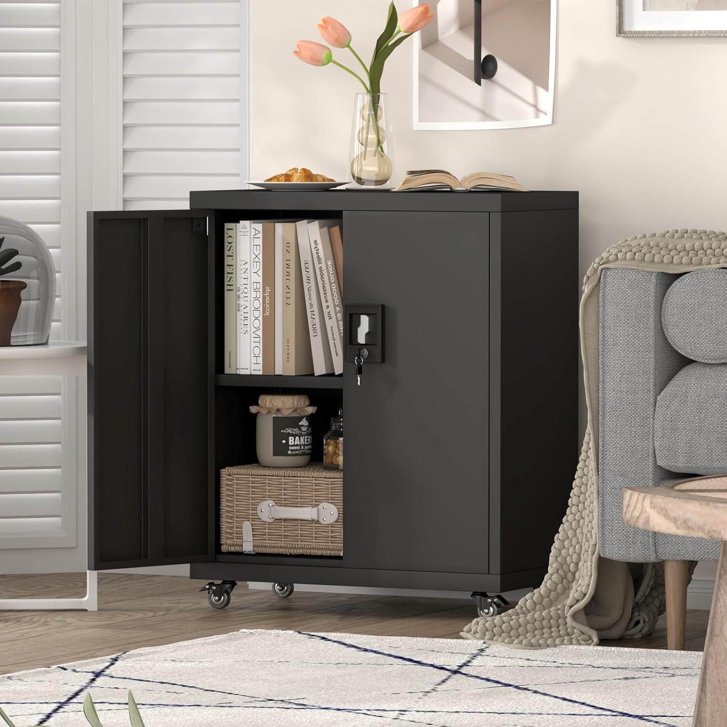 LUCYPAL Metal Storage Cabinet with Wheels,Lockable Steel Storage ...