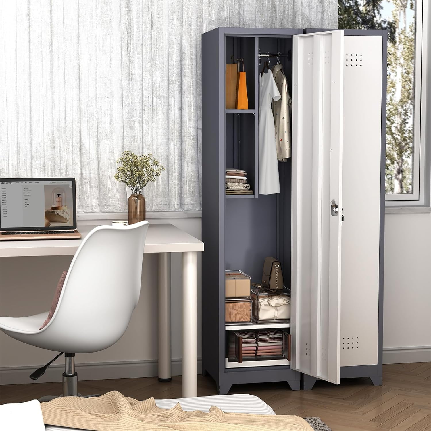 LUCYPAL Slim Broom Storage Cabinet with Shelves,Metal Cleaning Tool ...