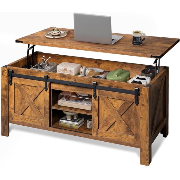 LUDYSHARE 47.2" Farmhouse Lift Top Coffee Table with Sliding Barn Doors ...