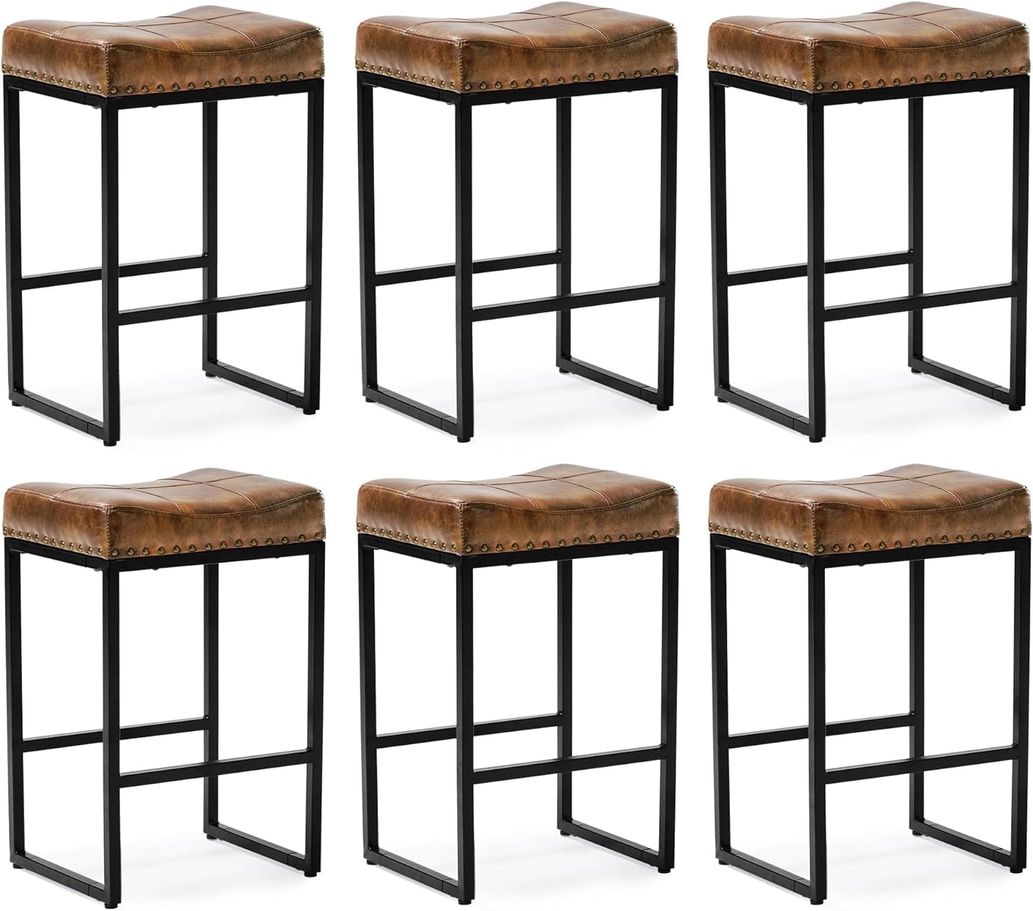 LUE BONA 24" Saddle Counter Height Bar Stools Set of 6, Modern Faux Leather, for Kitchen ...