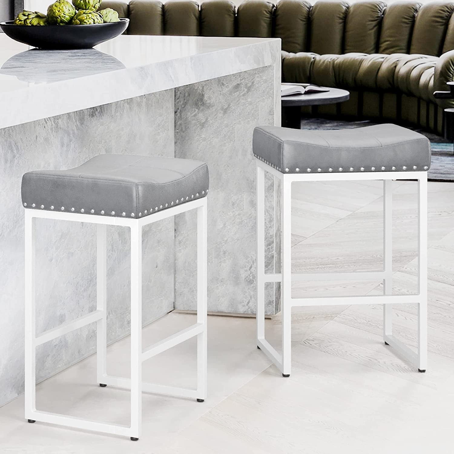 LUE BONA 24" Saddle Counter Height Bar Stools Set of 2, Modern Faux ...