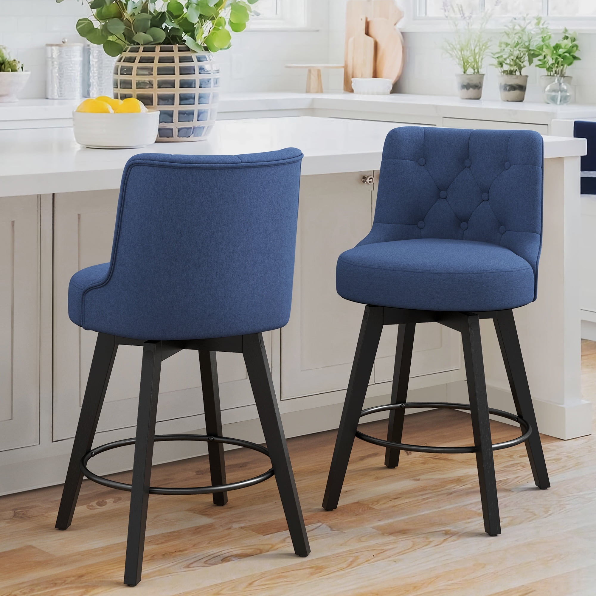 LUE BONA 26" Counter Height Swivel Bar Stools with Solid Wood Frame Set of 2 - 26" H Navy Blue ...