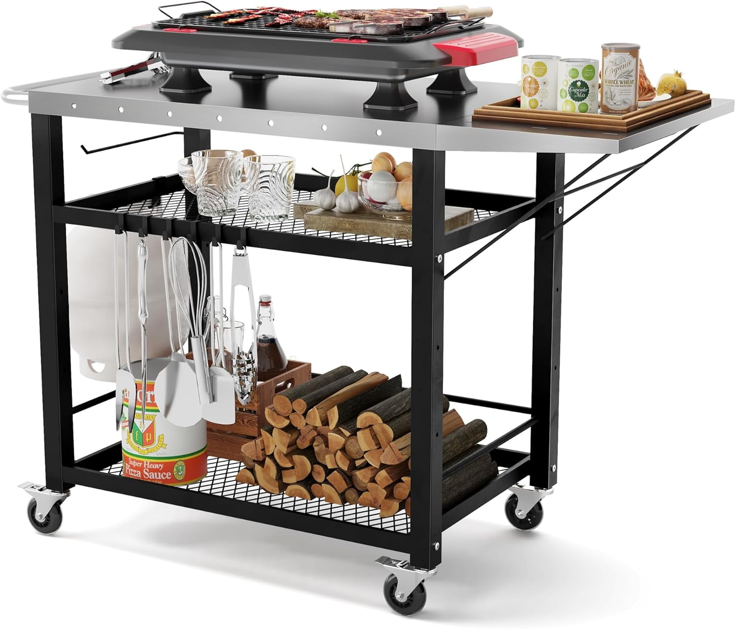 LUE BONA 43.3" W x 19.7" D Outdoor Grill Cart Table with Foldable Side ...