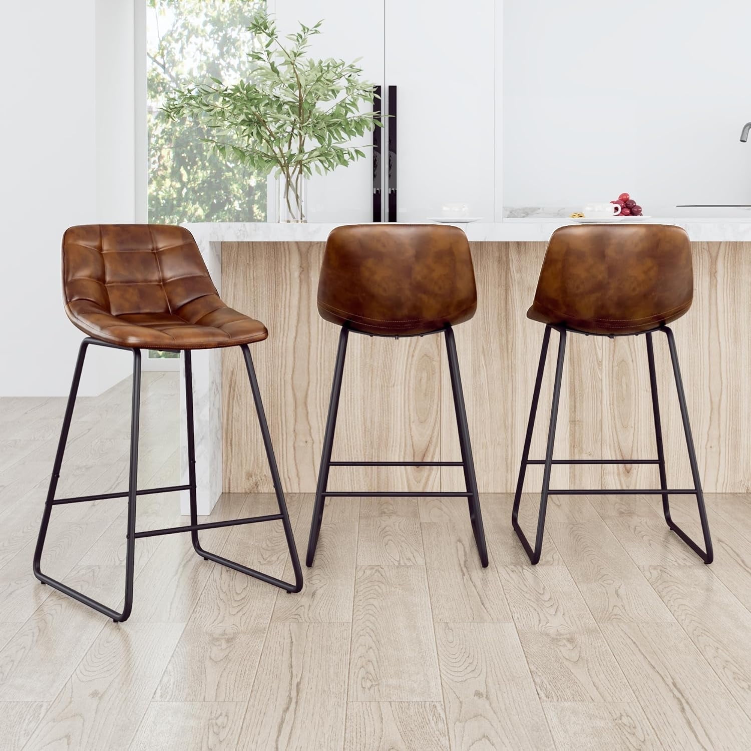 LUE BONA Checkered Pattern Bar Stools, Faux Leather, Brown (Set of 3 ...