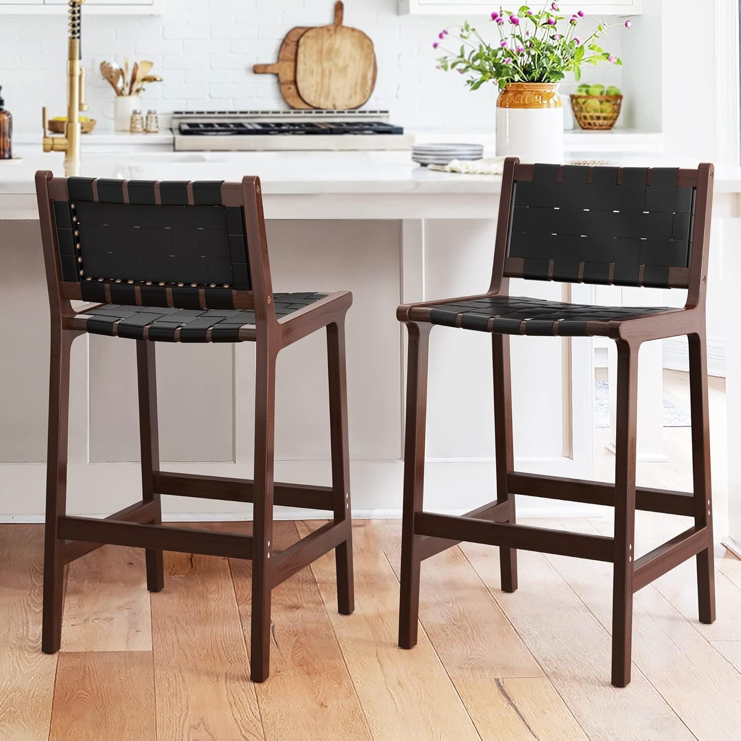 LUE BONA Counter Height Bar Stools 24inch, Set of 2 Faux Leather Woven ...