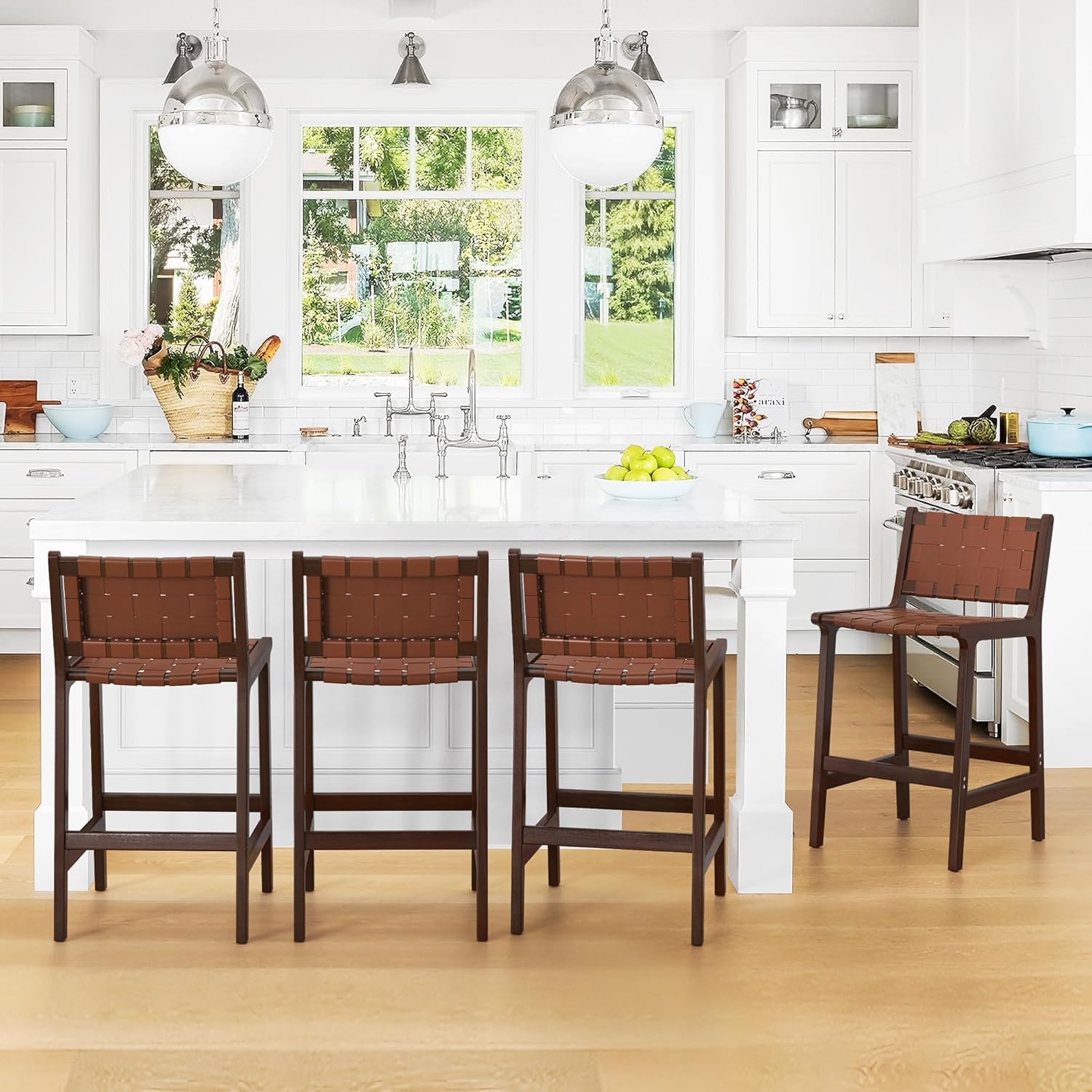 LUE BONA Counter Height Bar Stools 24inch, Set of 4 Faux Leather Woven ...