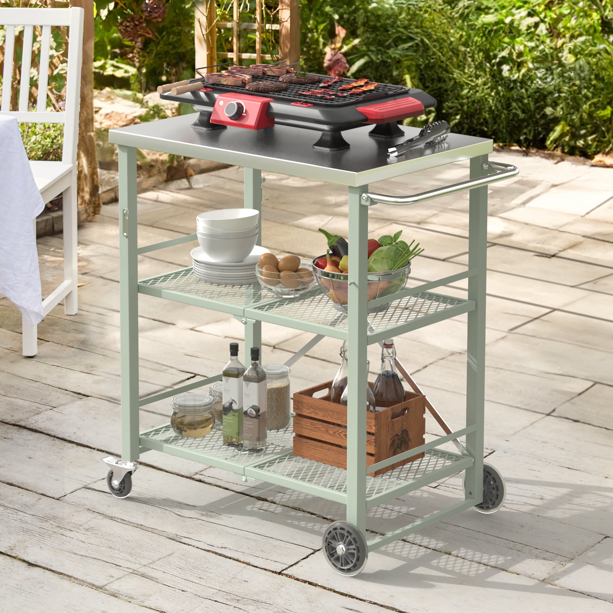 LUE BONA Foldable Outdoor Grill Cart, Movable 3 Tiers Grill Table ...