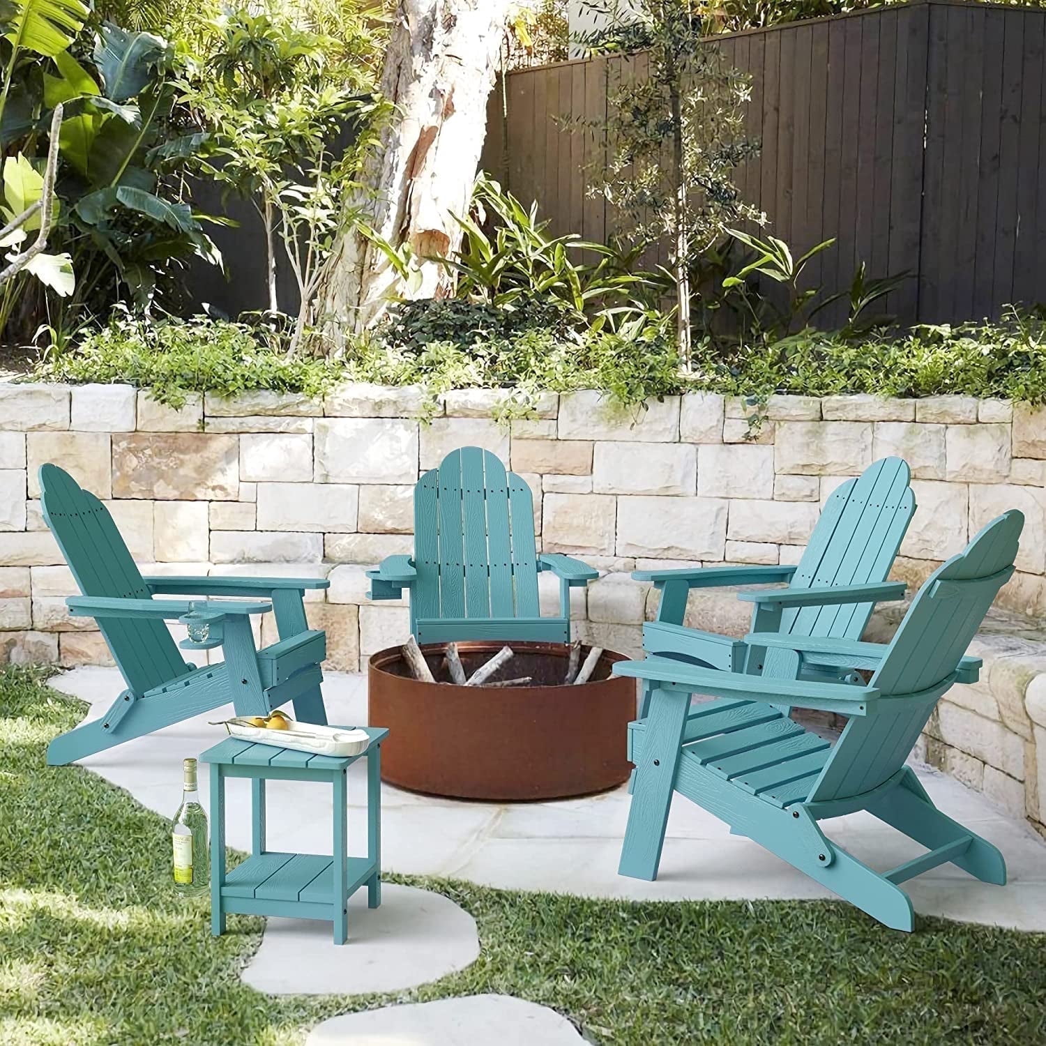 LUE BONA Folding Adirondack Chairs Set of 4, Turquoise, Fire Pit Patio ...