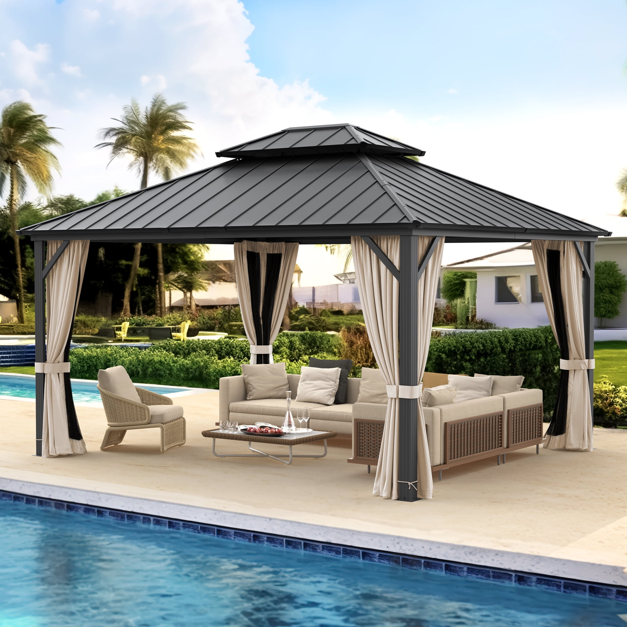 Lue Bona Hardtop Gazebo With Nettings Curtains Galvanized Steel Double