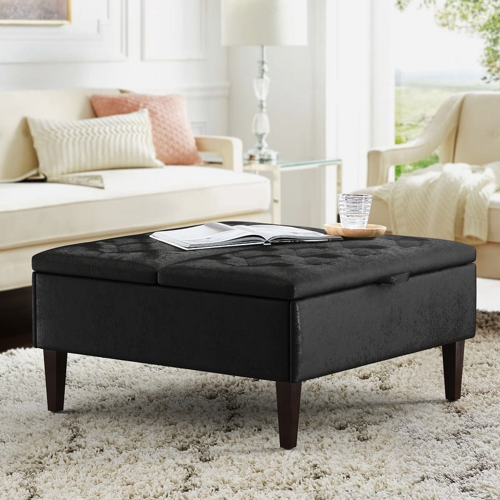 BONA Black Leather Upholstered Footstool, 36 Inch Large Storage Ottoman ...