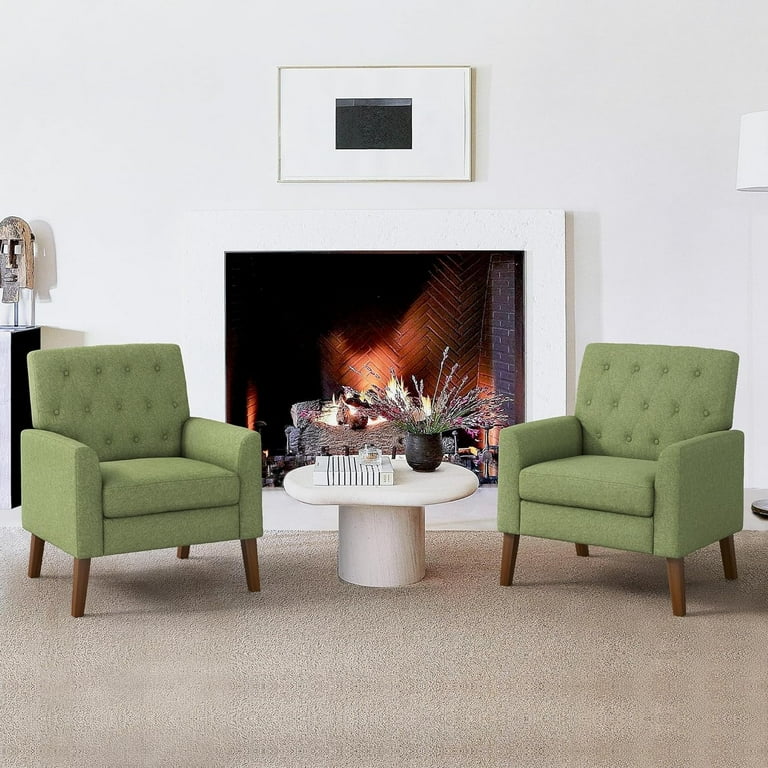 LUE BONA Linen Accent Chair 18.5 H Button Tufted Armchair Comfy Living Room Adult Chair with Arms for Bedroom Avocado Green