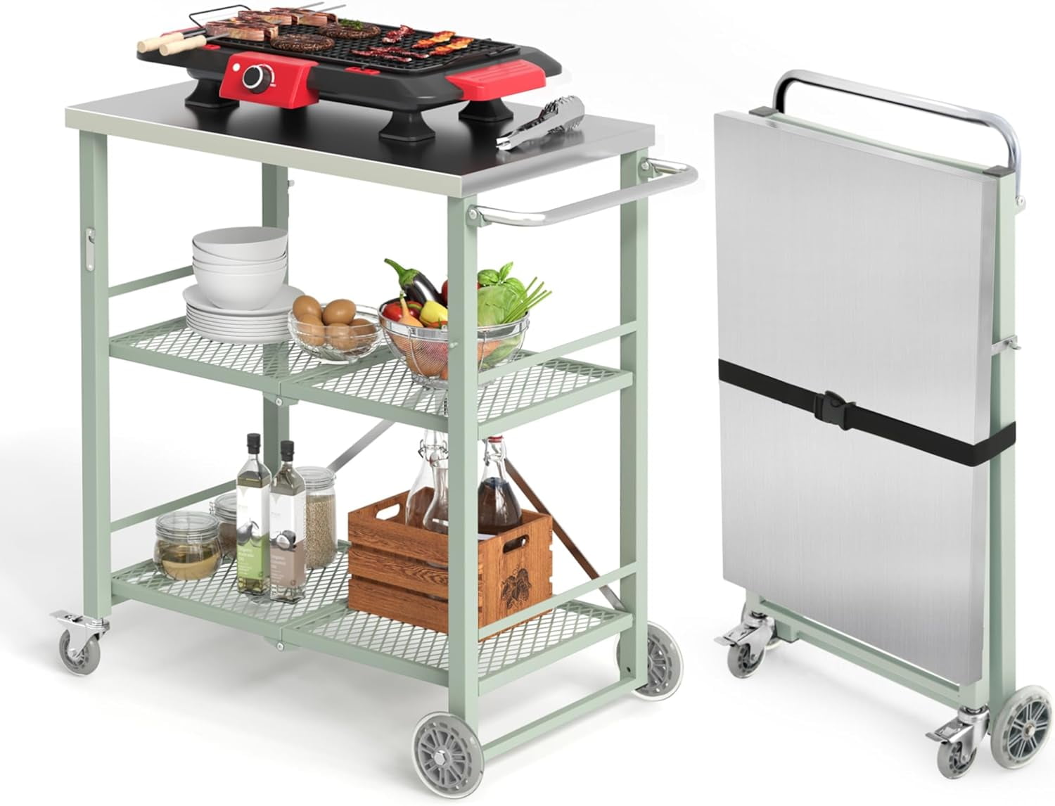 LUE BONA Outdoor Grill Cart Table with Full Folding Design, Stainless ...