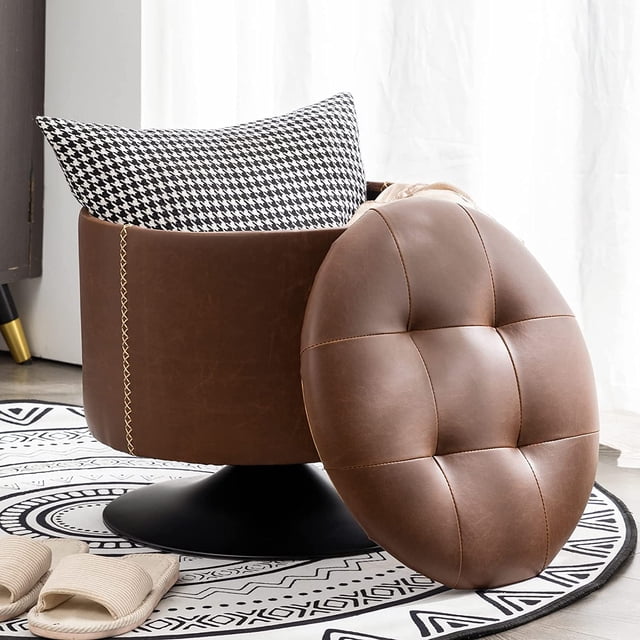 LUE BONA Leather Swivel Foot Stool, Mid-Century Brown Round Storage ...