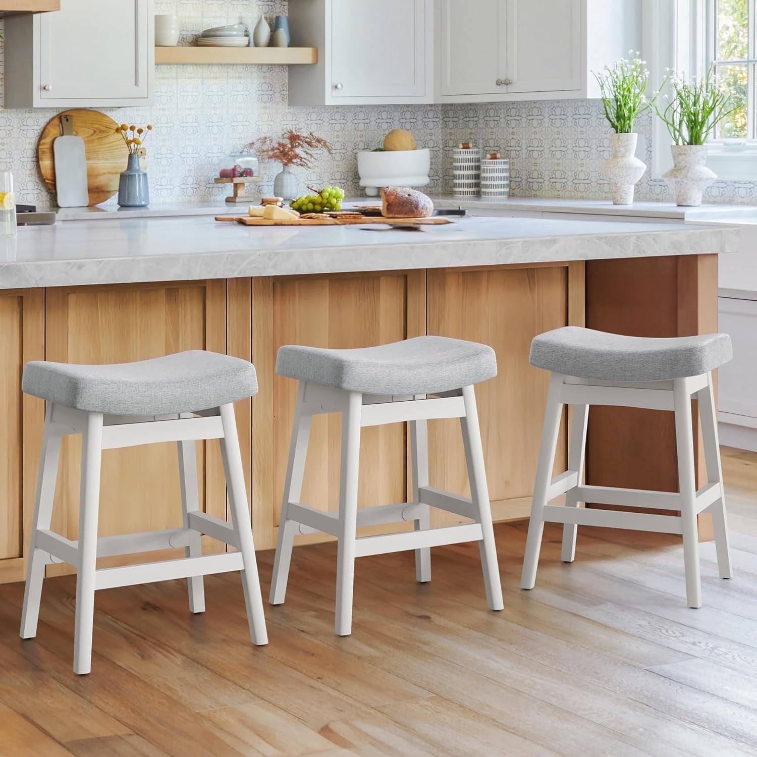LUE BONA Saddle Seat Counter Height Bar Stools Set of 3 for Kitchen ...