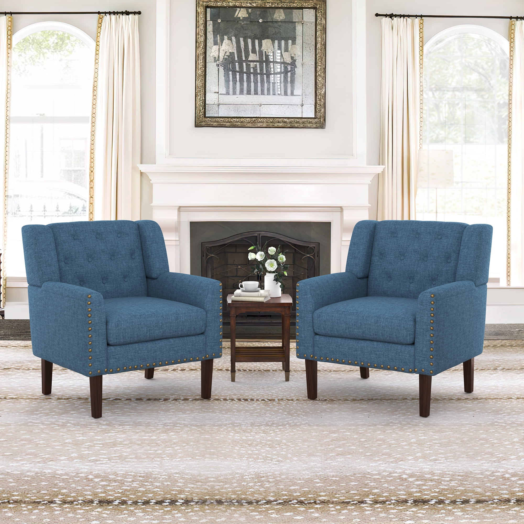 LUE BONA Upholstered Blue Accent Chair Set of 2, Mid Century Living ...