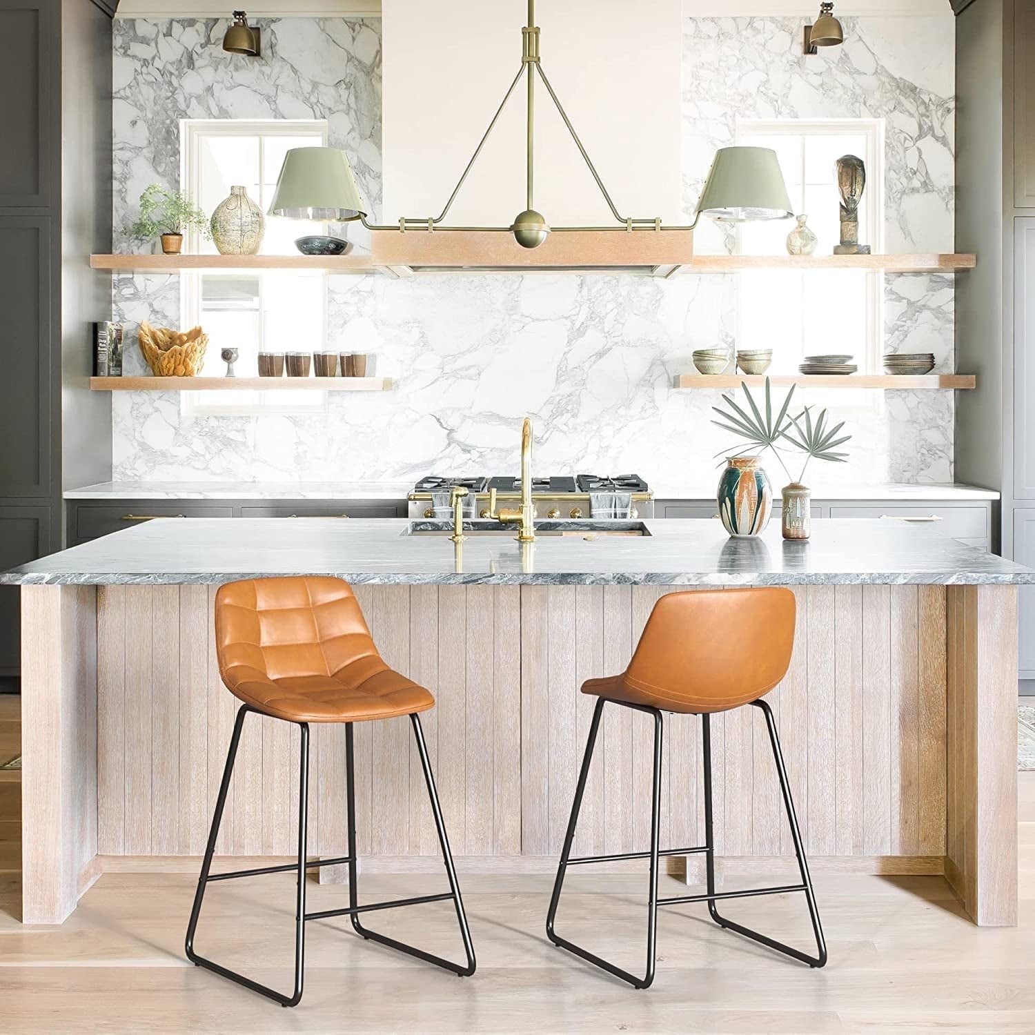 LUE BONA Upholstered Checkered Pattern Bar Stools Set of 2, Faux ...