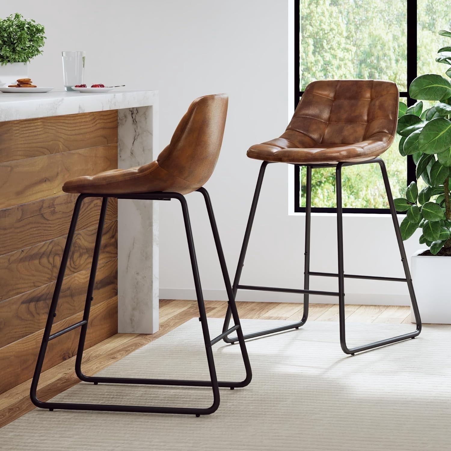 LUE BONA Upholstered Checkered Faux Leather Bar Stools, Brown (Set of 2 ...